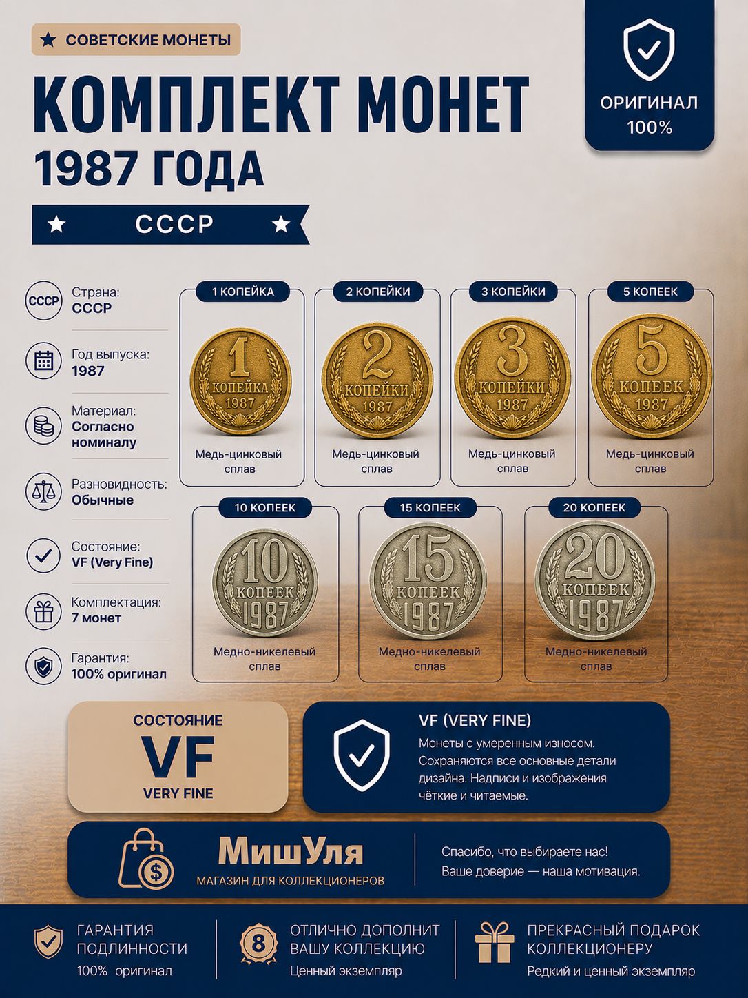 Комплект монет СССР 1987 года 1, 2, 3, 5, 10, 15 и 20 копеек VF / оригиналы