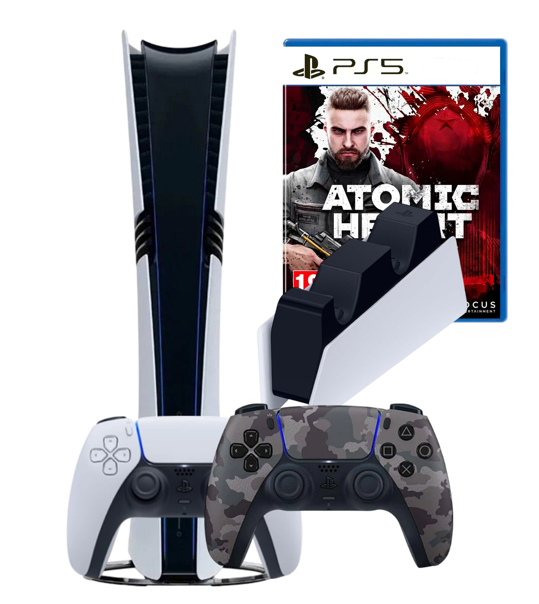 Игровая приставка PS5 Pro + игра Atomic Heart + Dualsense Charging Station+DualSense PS5 Camouflage