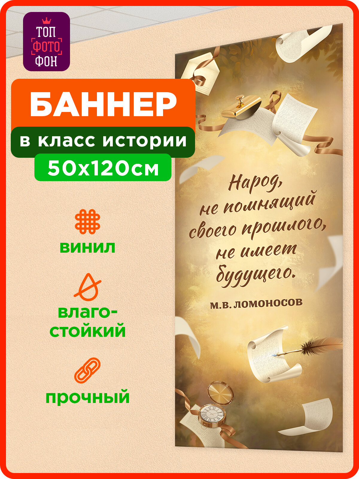 Топфотофон Плакат цитата Ломоносова в класс истории в школу, 50х120 см