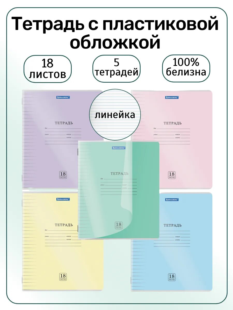 Тетрадь в линейку 18 л с пластиковой обложкой, 5 шт