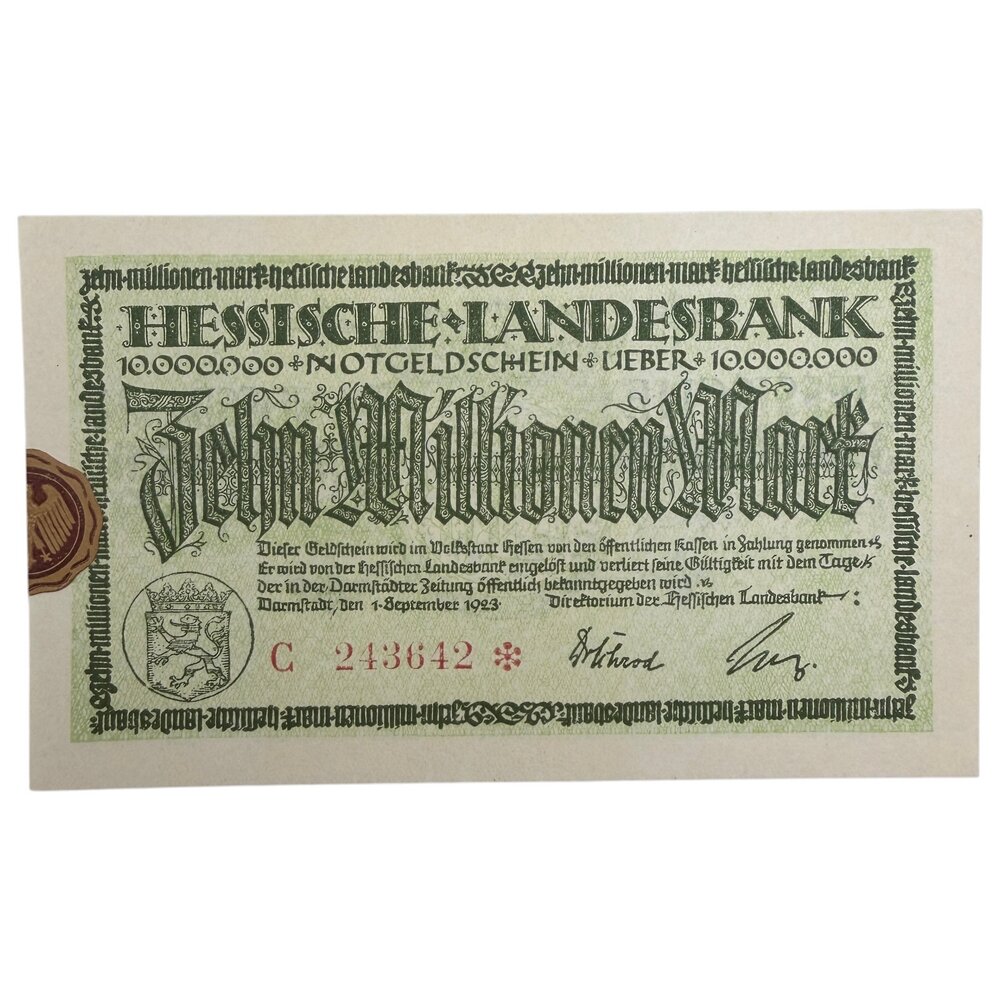 Германия (Веймарская республика) Дармштадт 10000000 (10 миллионов) марок 1923 г. (Серия C) (Лот №2)