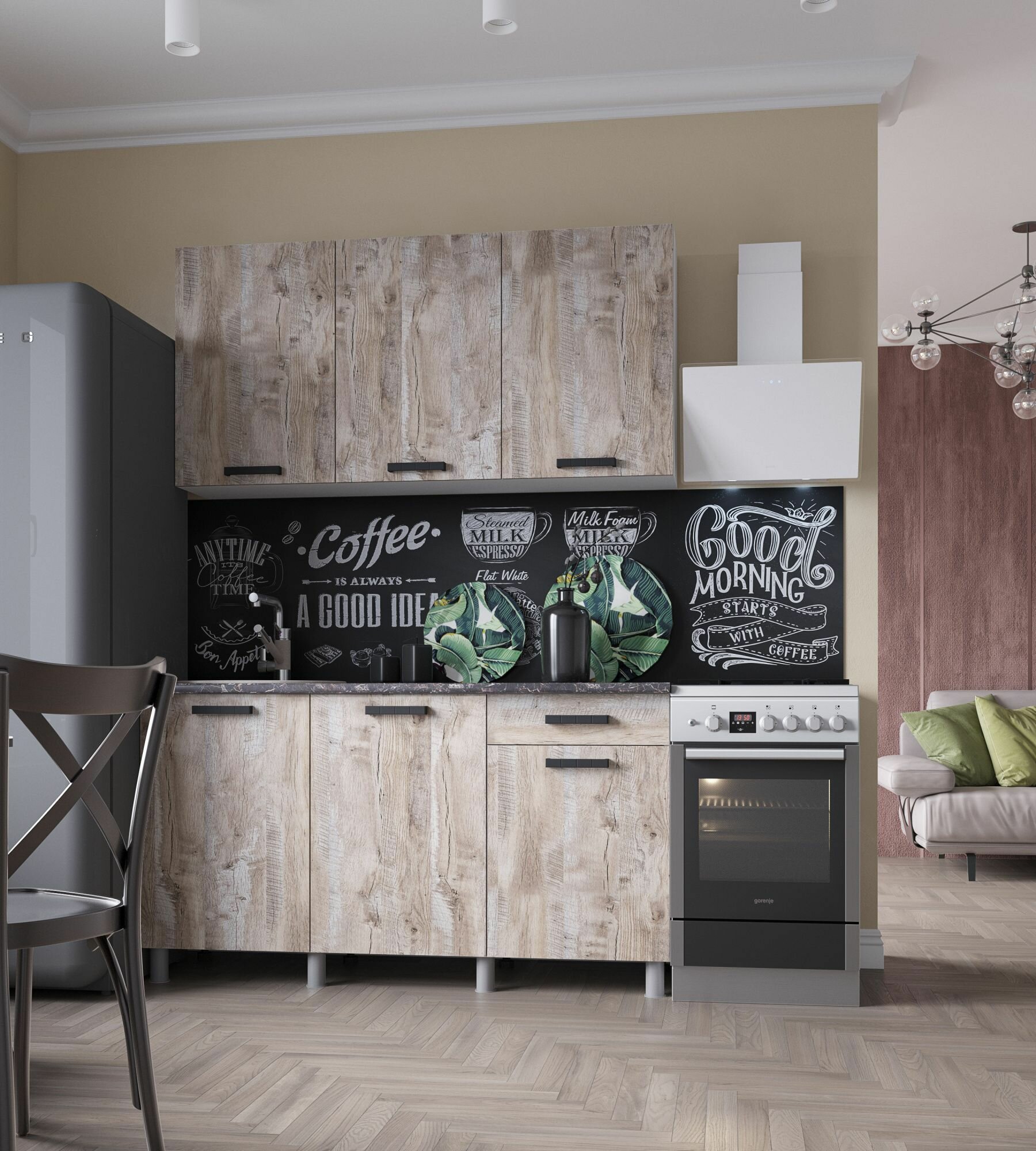 Кухонный гарнитур (кухня) Нагано 1,5 , Корпус Белый с тиснением "Древесные поры"/Фасад Дуб Юкон, столешница Антарес 26мм, 1,5м, тэкс