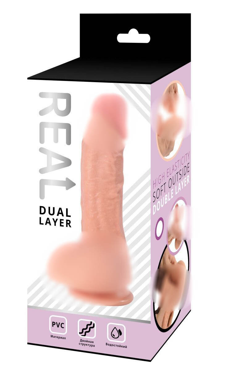 Реалистичный фаллоимитатор REAL Dual Layer с мошонкой на присоске, dual PVC, 15.5 х4,6 см.