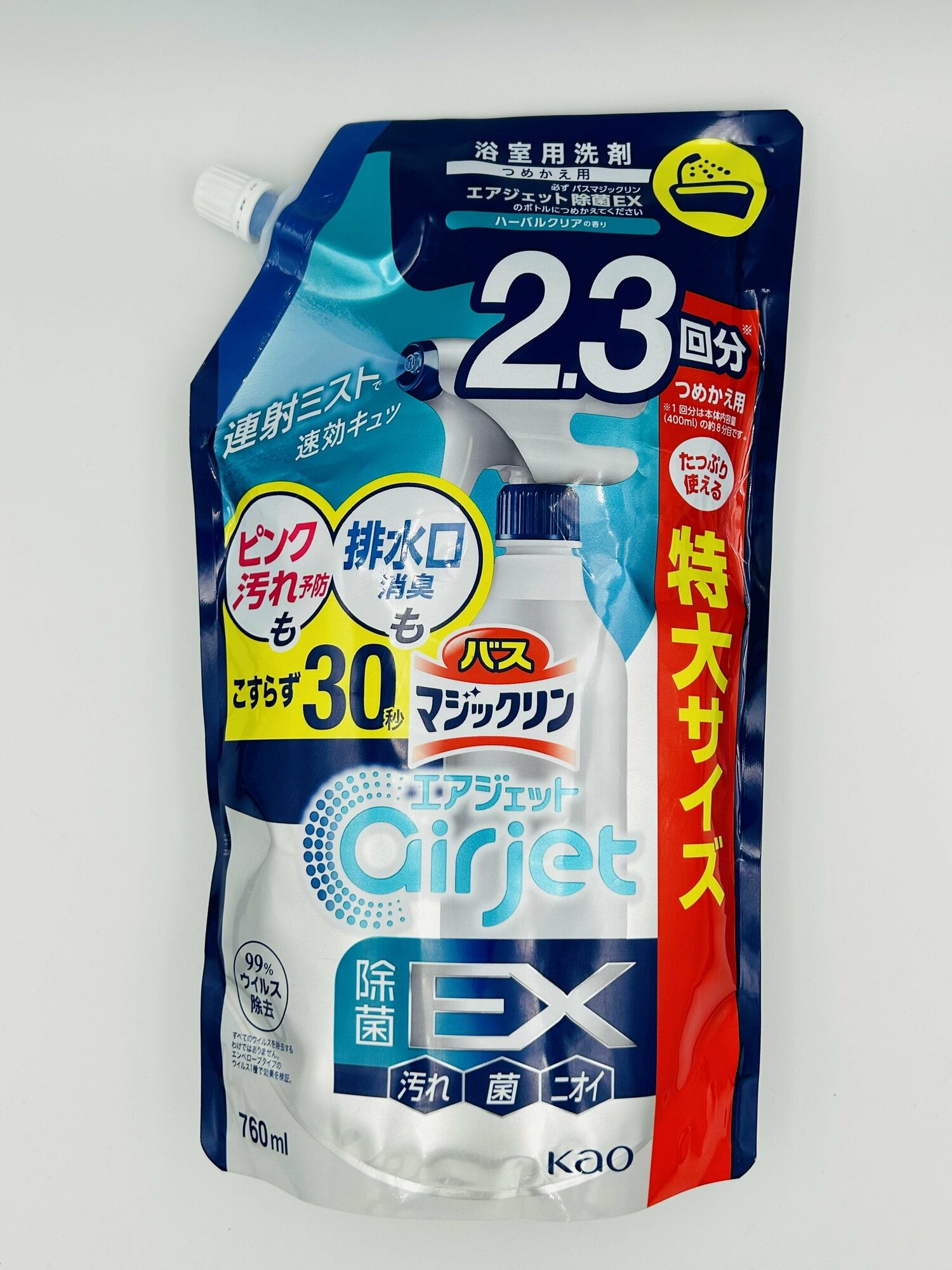 Kao Magiclean Bath Cleaner Airjet EX Спрей-пенка антибактериальная для ванной комнаты экспресс с ароматом трав 760 мл в мягкой упаковке