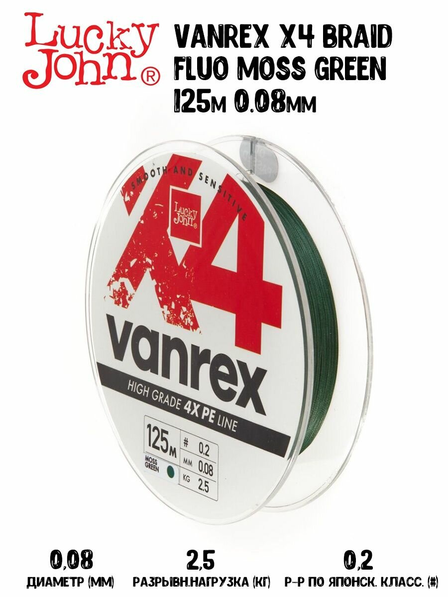 Плетеный шнур Lucky John Vanrex х4 BRAID Moss Green 125 м 0.08 2.5 кг