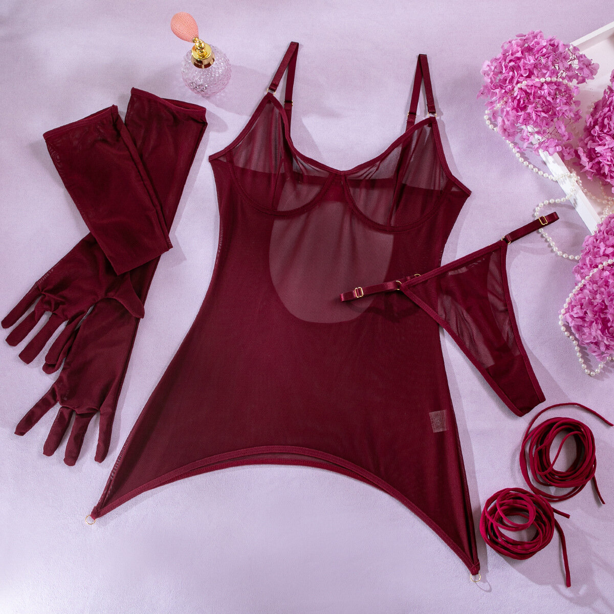 Горячая распродажа сексуальное нижнее белье сетка сексуальная открытая спина прозрачные перчатки веревка ремешок комплект из трех предметов для женщин