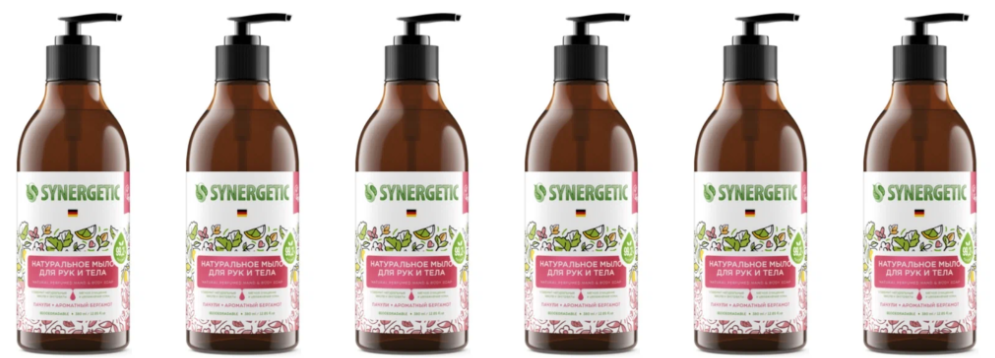 Натуральное мыло для рук и тела Synergetic Пачули и ароматный бергамот, 380 мл, 6 шт