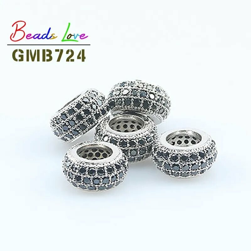 Бусины GMB724 латунь микропаве кубический цирконий 3шт 7x3mm, White Black CZ