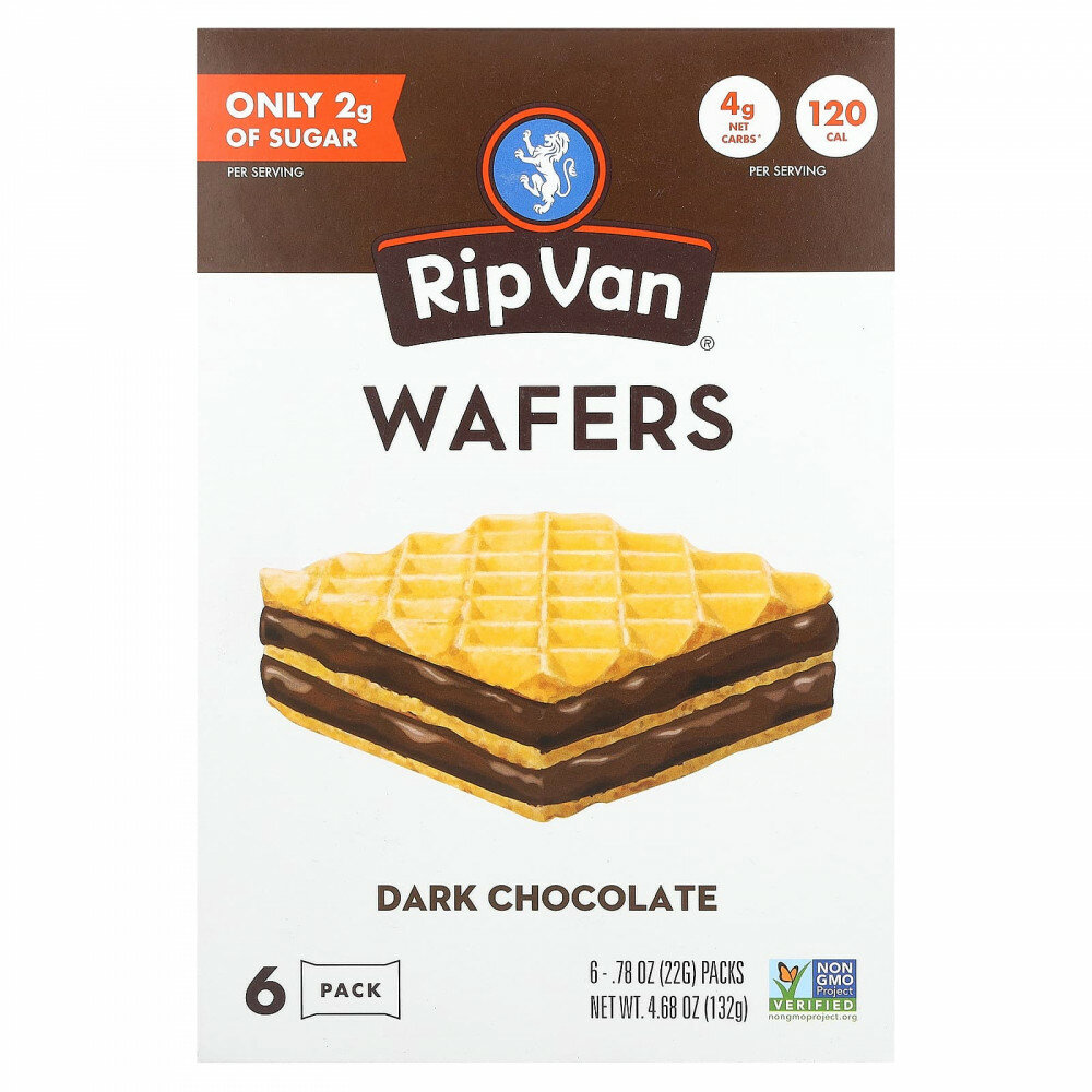 Rip Van Wafels, вафли с кремовой начинкой, темный шоколад, 6 упаковок по 22 г (0,78 унции)