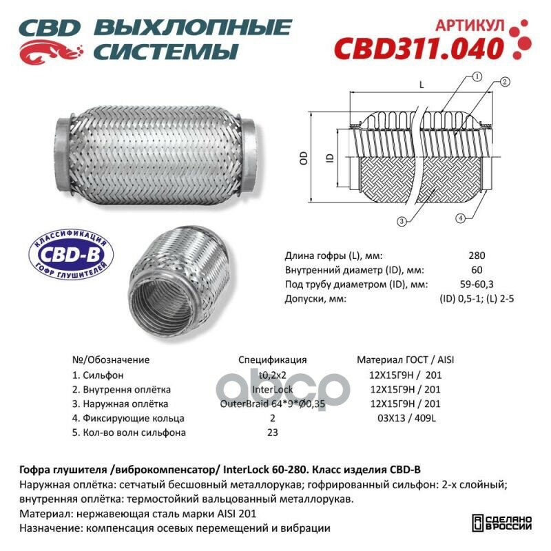 Гофра глушителя 3х-сл InterLDck 60-280 для UNIVERSAL /D=60mm L=280mm CBD CBD311.040 CBD арт. CBD311.040