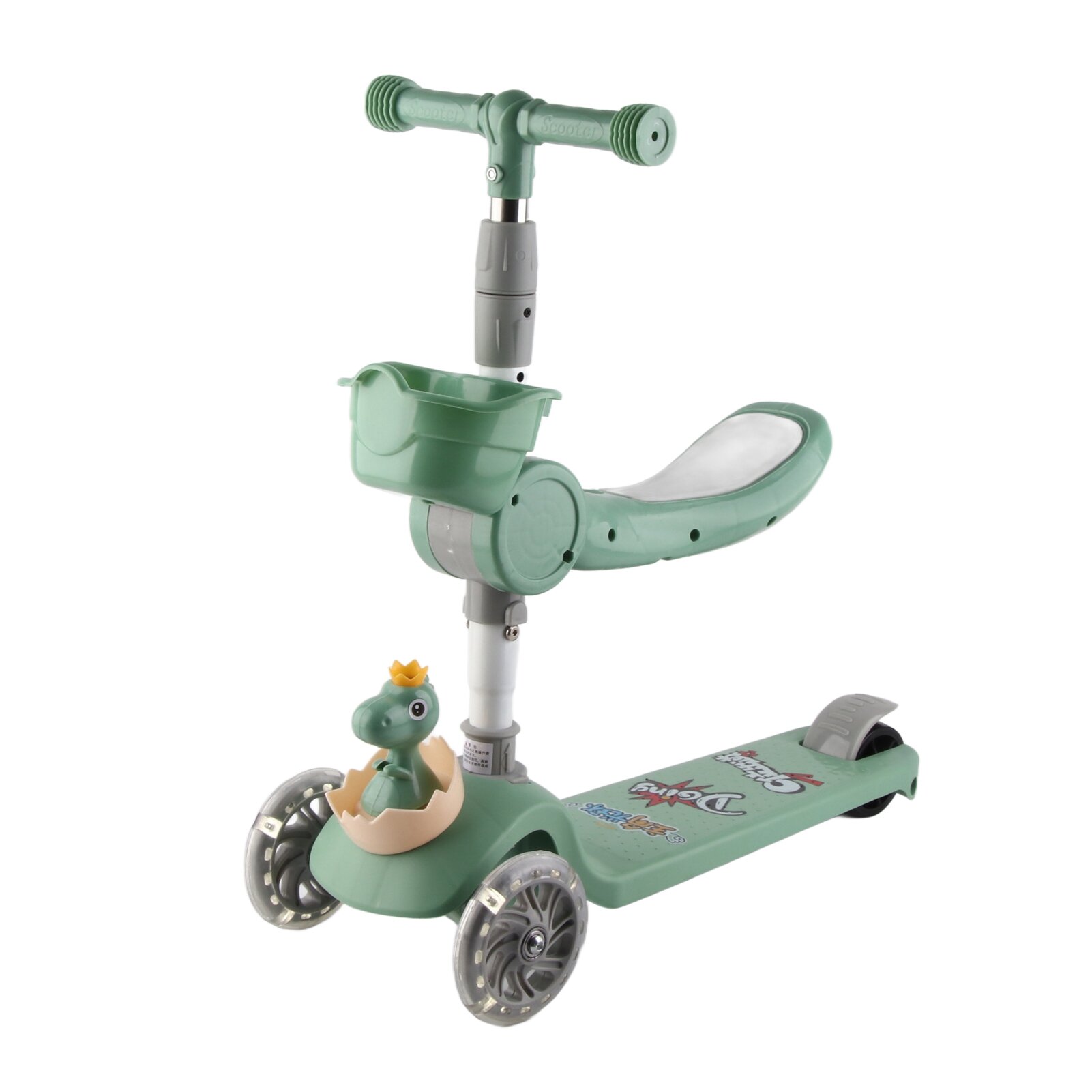 Детский самокат 3 в 1, складной, с регулируемой высотой, на 3 колесах, с сиденьем и светящимися колесами, для мальчиков и девочек, зеленый.
