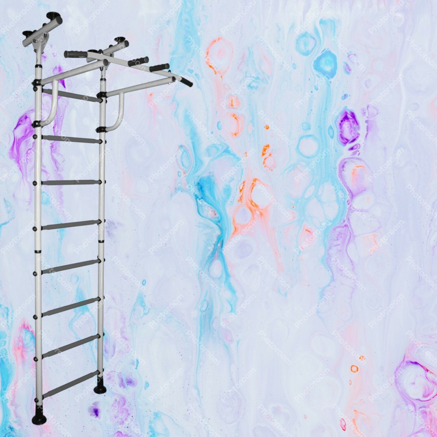 ДСК Распорный белый, турник, канат, веревочная лестница и гимнастические кольца.