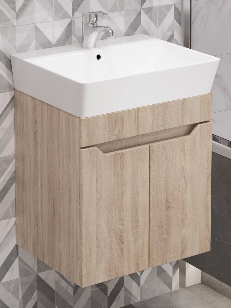 Тумба с раковиной DIWO Архангельск 50 подвесная, 50 см, светлое дерево, матовая, из МДФ, с дверками, раковина для ванной фаянсовая, прямоугольная, встроенный слив-перелив, с сифоном
