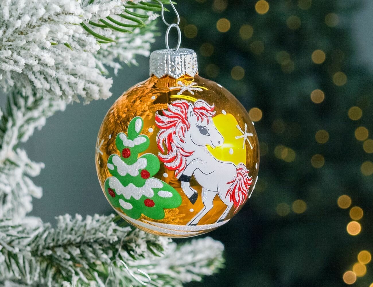 Ёлочный шар зодиак: лошадка алиса, стекло, золотой, 60 мм, Елочка С29-лош-2-зол