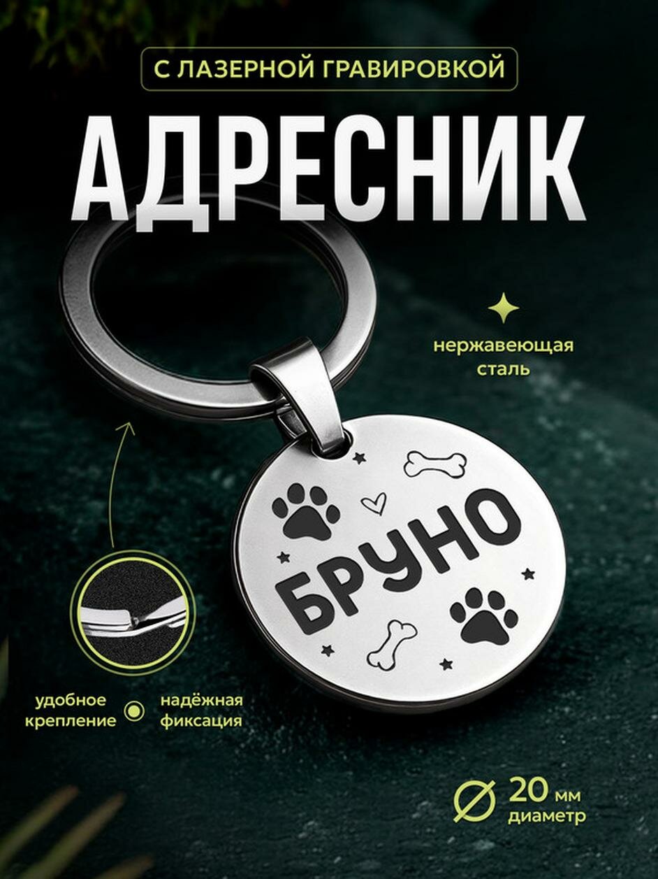 Адресник для собаки и кошки с гравировкой, нерж. сталь, серебристый, Бруно