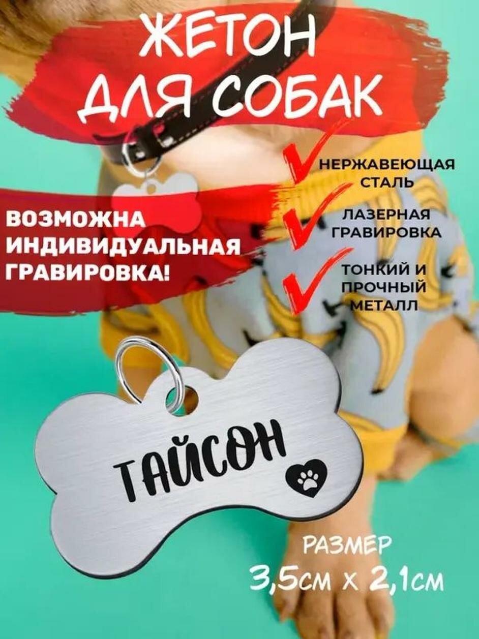 Адресник для собаки с гравировкой, нерж. сталь, серебристый, Тайсон