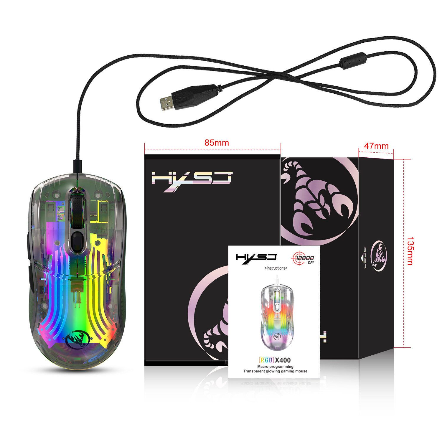 Проводная игровая мышь с 7-кнопочной макрокомандой, 12800 DPI, RGB-подсветкой и кабелем из плетеной ткани для