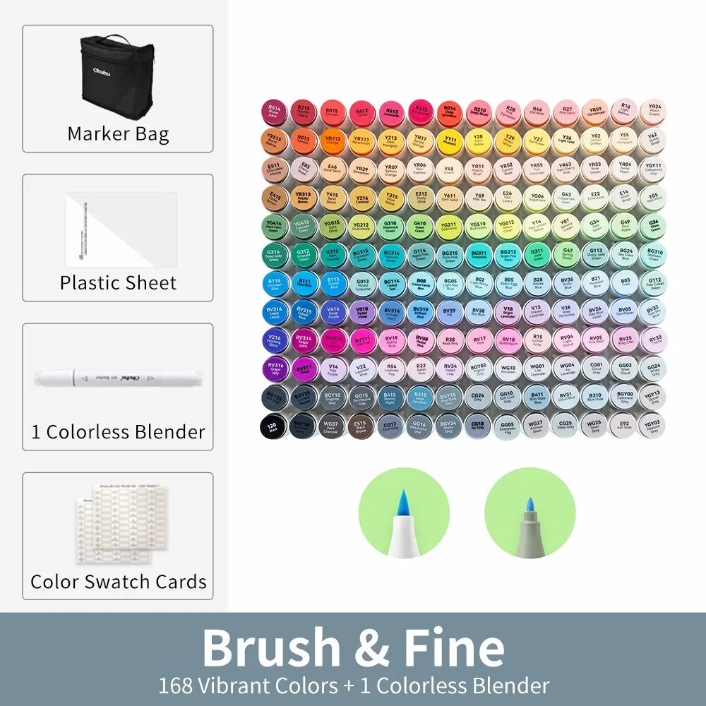 Ohuhu Honolulu, 168 цветов, маркеры Brush Fine 168 CLR