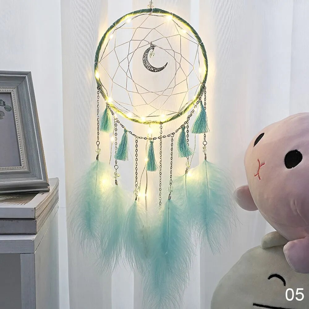 Ловец снов ручной работы в виде луны с кисточками, со светодиодной подсветкой, креативный подвесной декор в виде полого колокольчика, украшение для стены