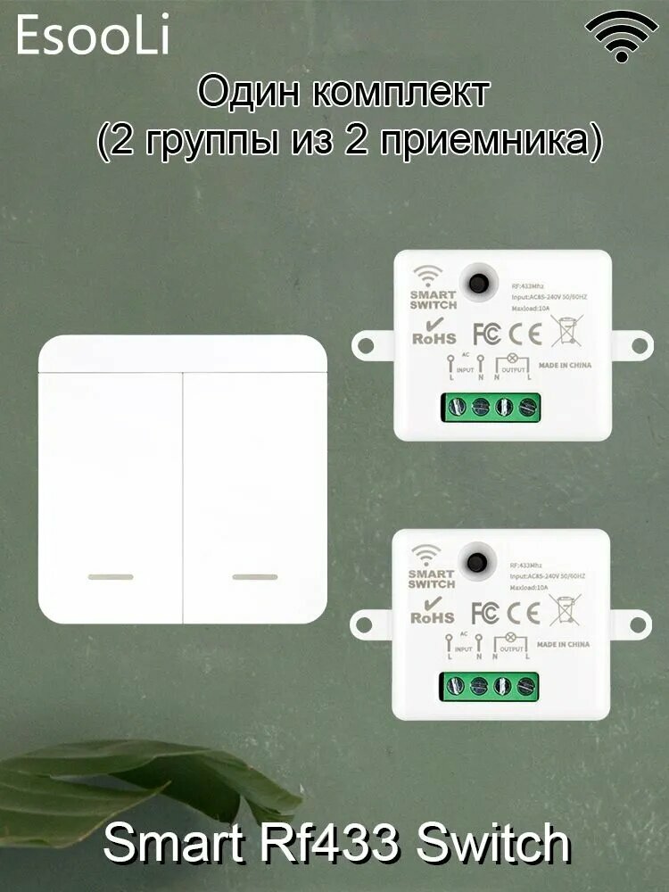 Умный беспроводной выключатель двухклавишный, с приемником 220В 433 МГц, Один комплект (1 x 2 банда с 2 приемник)