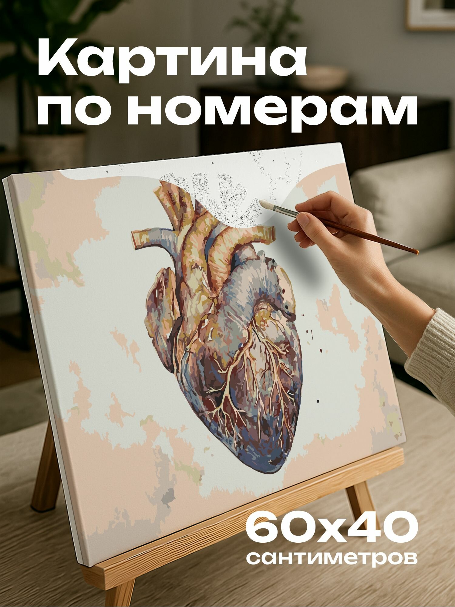 Картина по номерам 60x40 см, сердце, акварельная иллюстрация, анатомическое, яркие оттенки, узоры, хрупкость, упругость