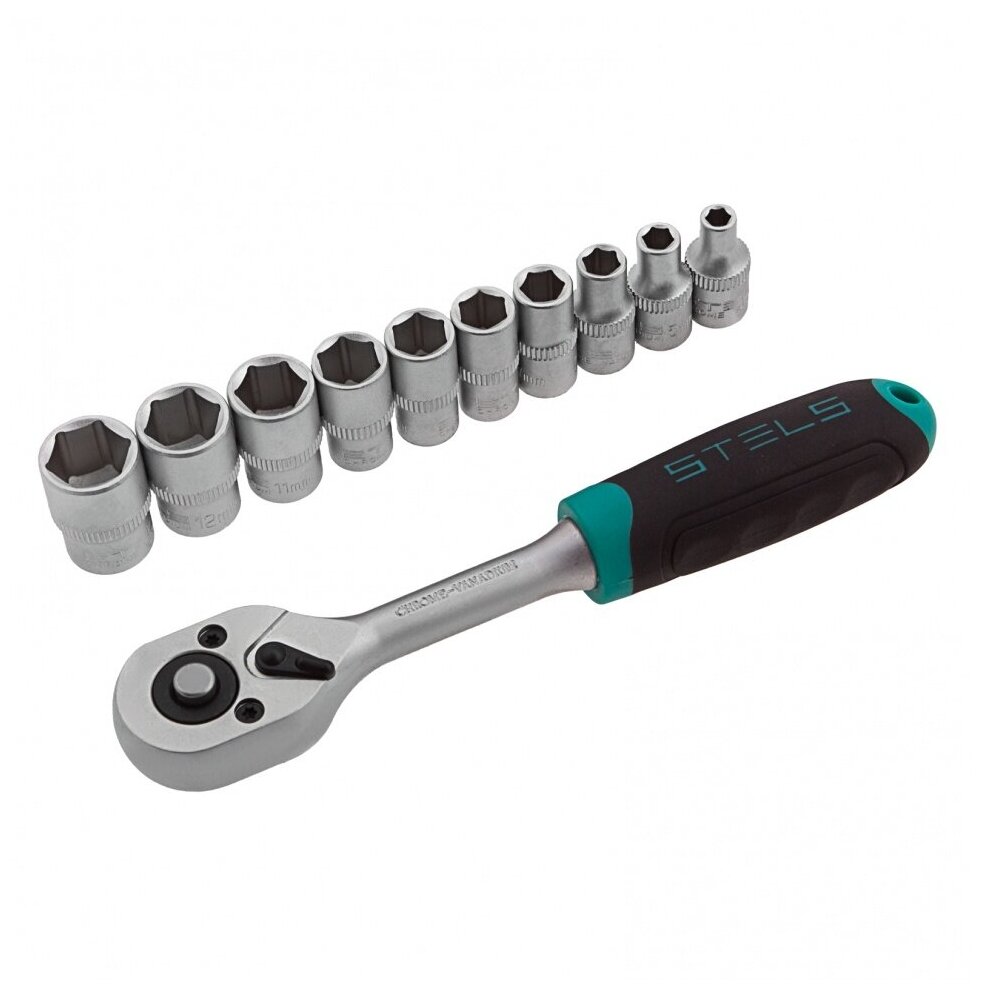 Набор торцевых головок, 1/4, головки 4-13 мм, с трещоточным ключом, CrV, 11 предметов Stels, 14125