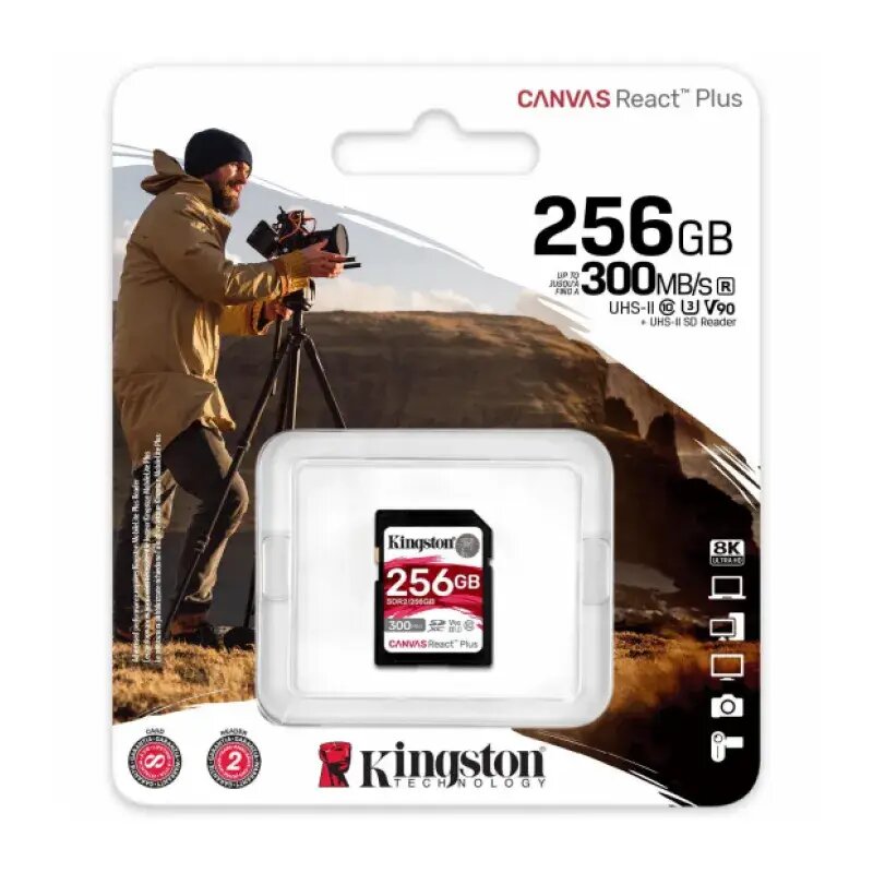 Карта памяти SD 256 Gb kingston SDXC UHS-II U3 V90 Canvas React Plus [SDR2/256GB]