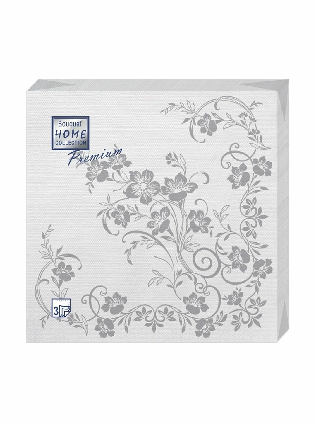Салфетки бумажные трехслойные "Art Bouquet Premium" Серебряный цветок, 40х40 см, в пачке 16 штук