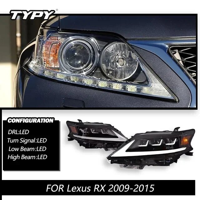 Фаркопы TYPY для Lexus RX LED 2009-2015. Стилизованные фары с динамическим поворотным сигналом. Линза. Автомобильные аксессуары. Сборка.