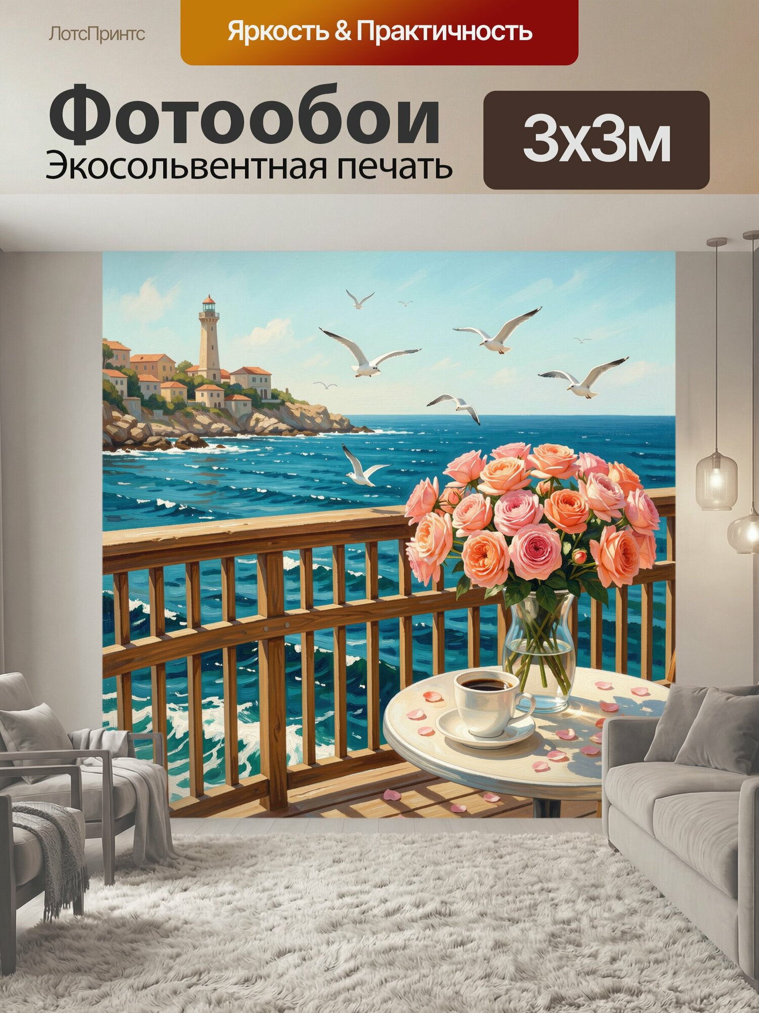 Фотообои "Морской берег с маяком и розами. Живописная терраса над лазурным морем, букет нежно-розовых цветов в стеклянной вазе, чашка кофе." 300x300 см. экосольвентная печать
