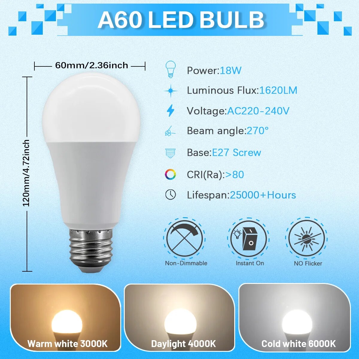 Светодиодная лампа A60 E27, 18W, 6000K, Cold White, 220-240V
