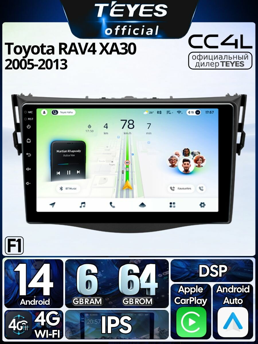 Магнитола Toyota RAV4 3 XA30 2005-2016 (Комплектация F1) Teyes CC4L 6/64GB, штатная магнитола, IPS экран, DSP, 4G, Wi-Fi, 2 DIN