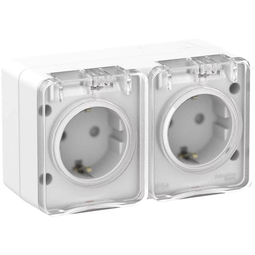 Розетка двойная Systeme Electric AtlasDesign PROFI IP54 с/з, со шторками, 16А 250B, открытой установки, Белый