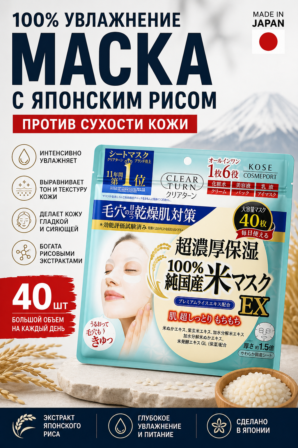 Маска для лица тканевая Clear Turn против сухости кожи с экстрактом японского риса 40шт