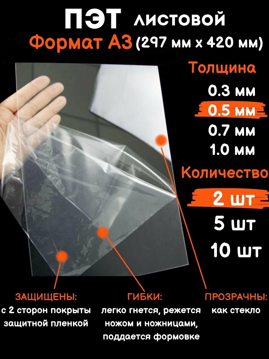 Прозрачный листовой пластик для творчества Пэт формат А3 0.5 мм, 2 шт