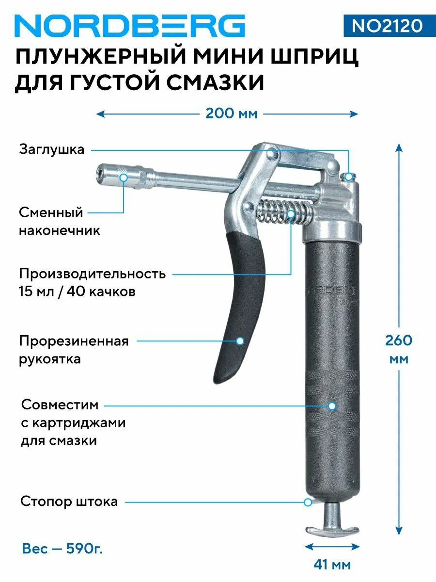 Шприц плунжерный мини для густой смазки, 120 мл NORDBERG