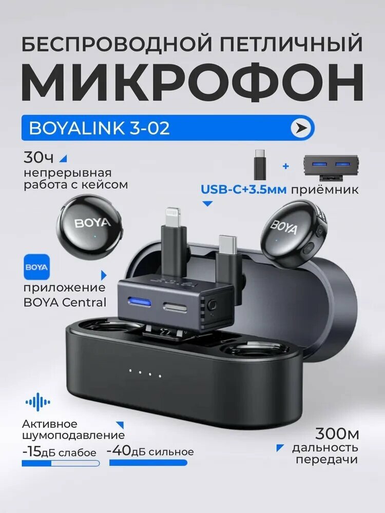 BOYA Микрофон петличный BOYALINK 3-02: (USB-C+3.5mm TRS) при`eмник, черный