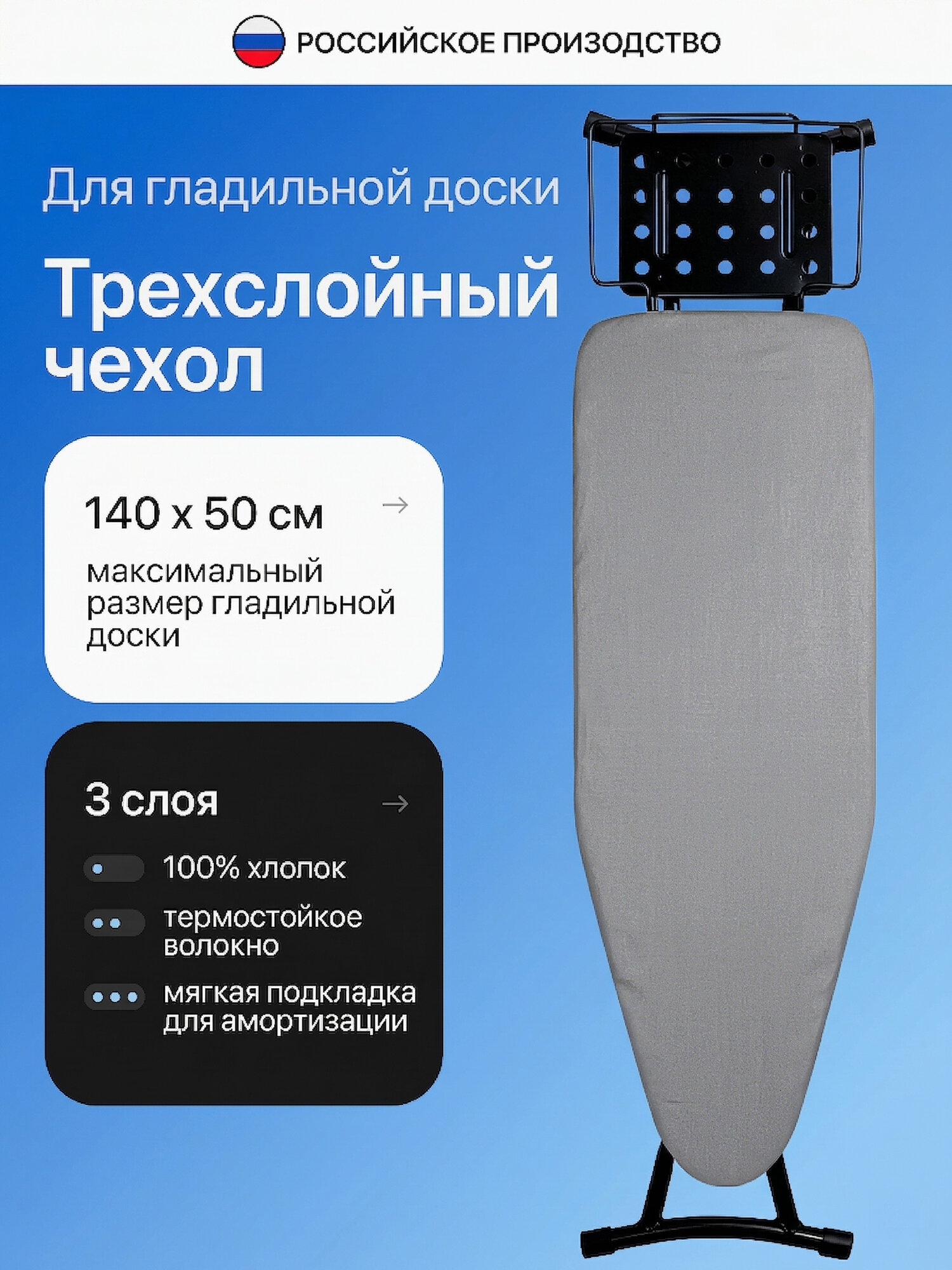 Чехол на гладильную доску хлопок, 145*57 см, накладка для гладилки