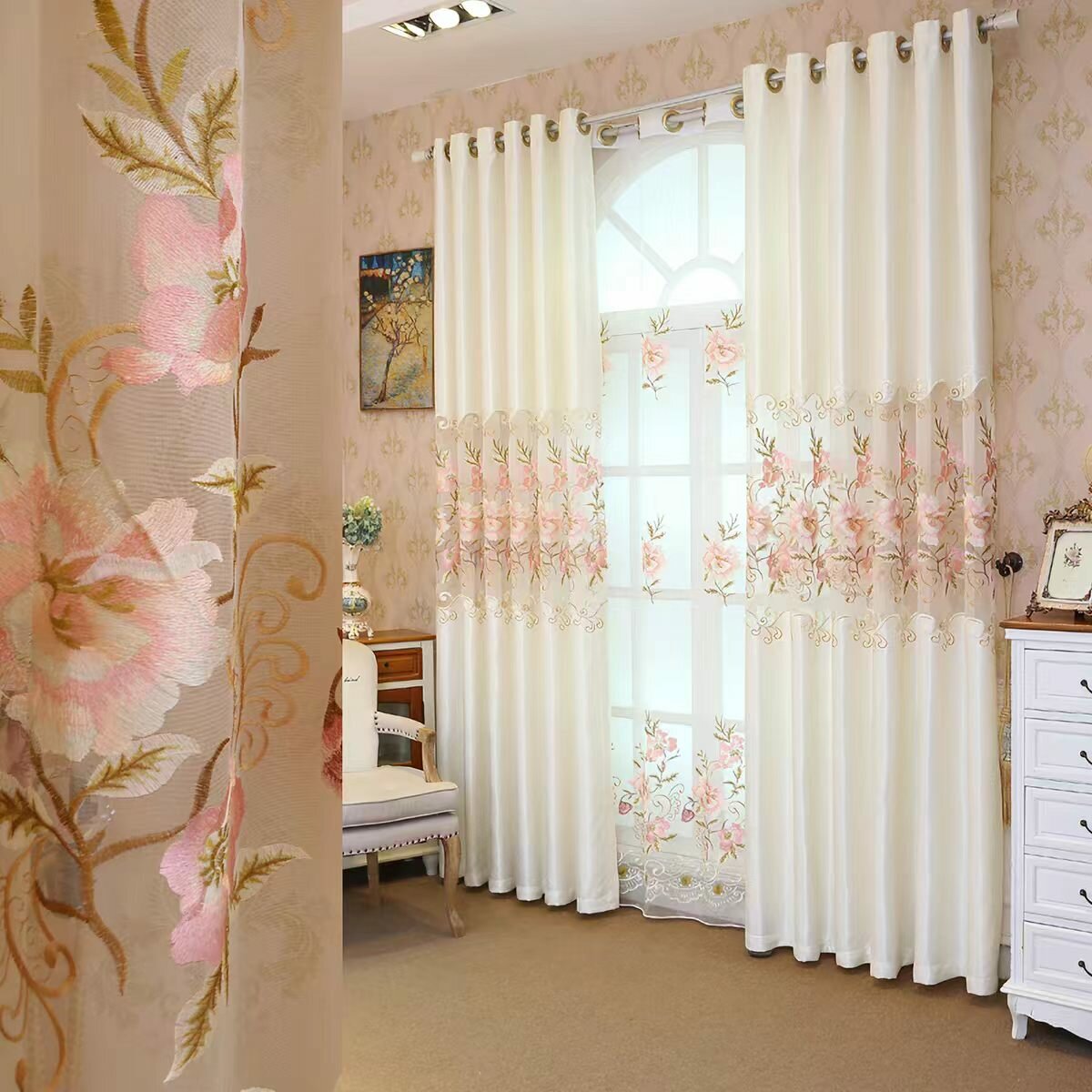 Бархатные шторы белый /розовый гостиной, Cloth Curtain, W250CM X H270CM, Grommet Top(Ring) прокол 2 штука