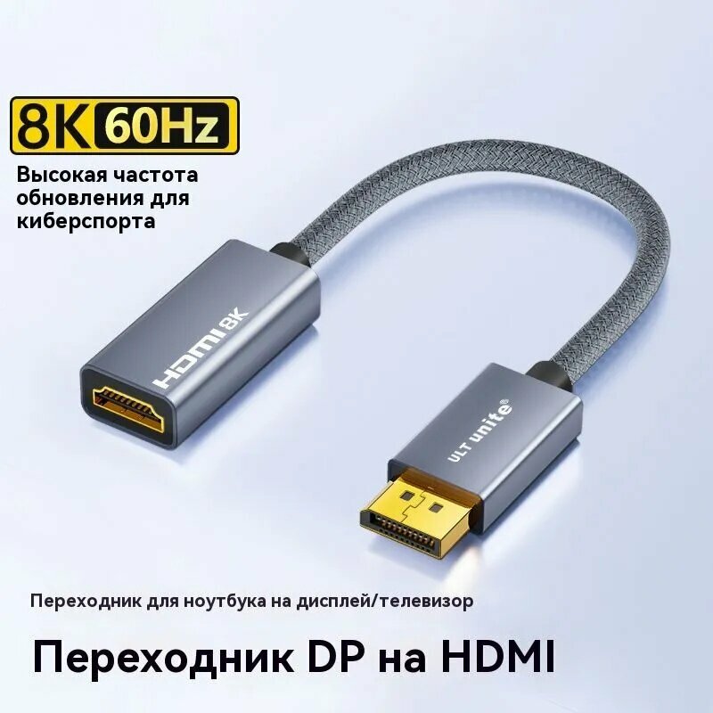 Pincheson Видеокабель DisplayPort/HDMI, 0.2 м, серый металлик