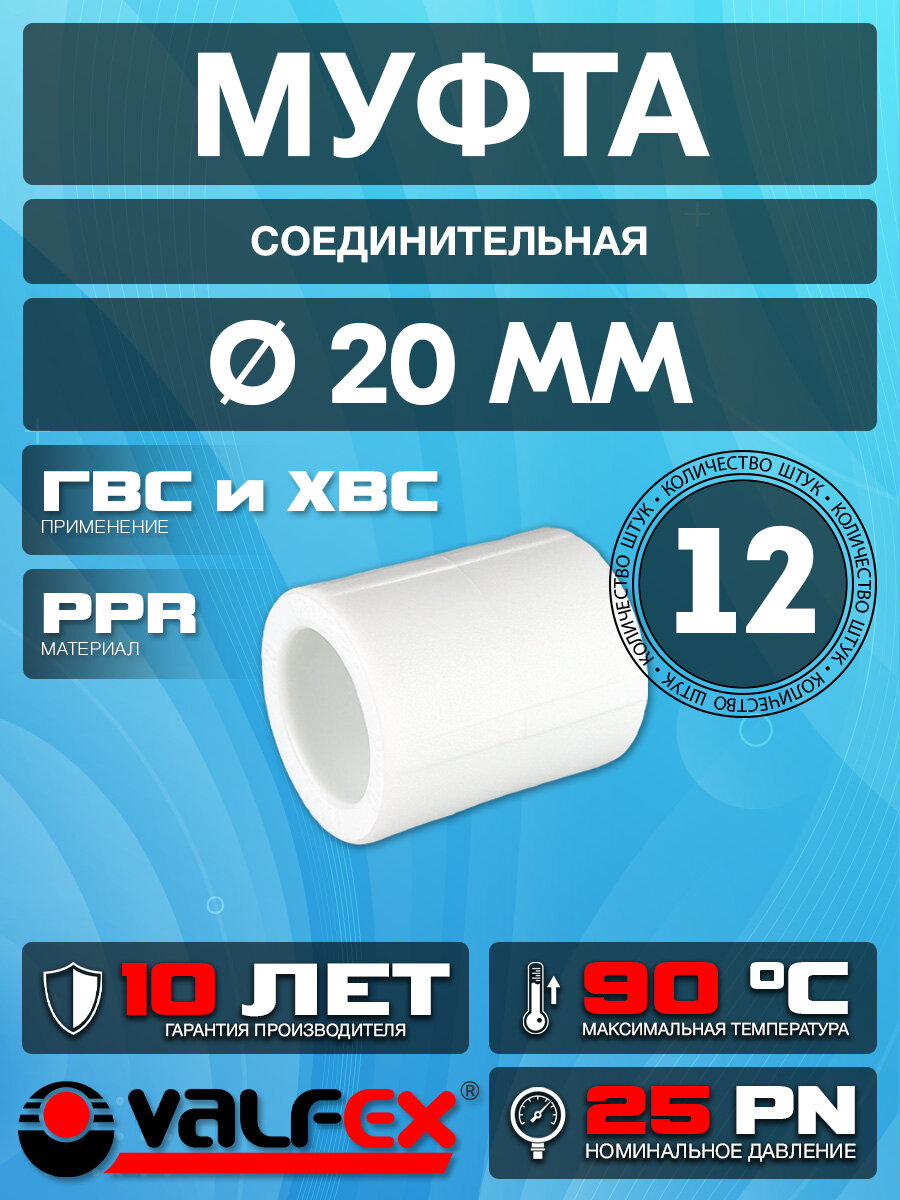 Муфта полипропиленовая соединительная, для труб диаметром 20мм. (12 шт)