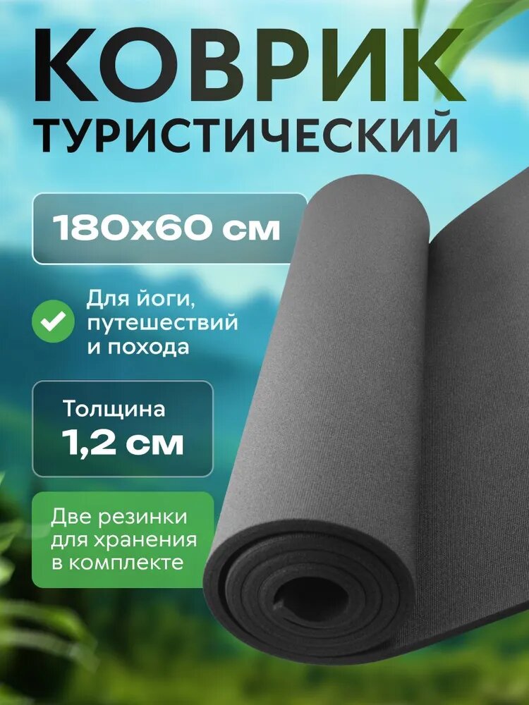 Коврик/каремат туристический нескользящий, серый. Товар для походов, рыбалки и охоты. Пенка в палатку. Складная подстилка для йоги и гимнастики, 180 х 60 х 1,2 см