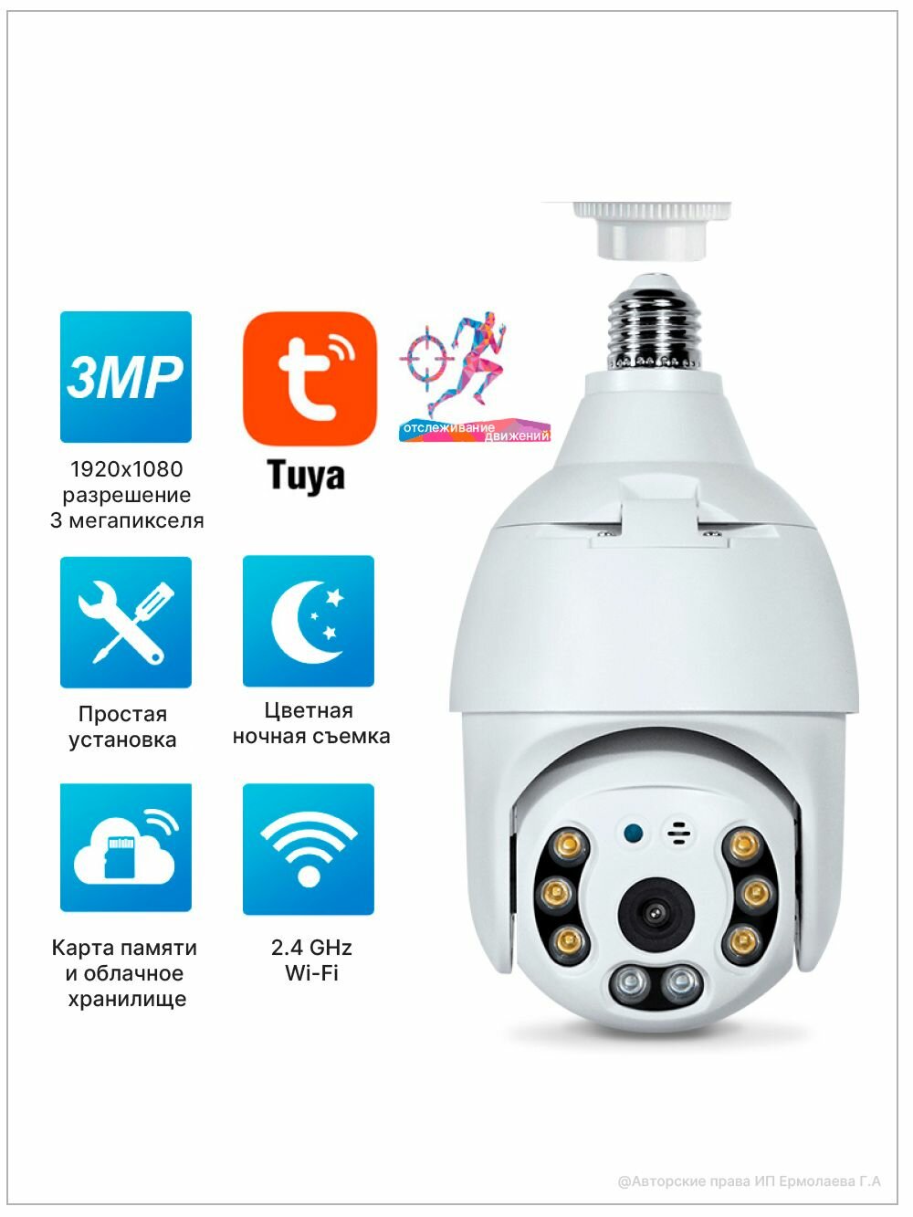TUYA IP Камера E27 WiFi уличного видеонаблюдения 3МП 1080HD 360 градусов