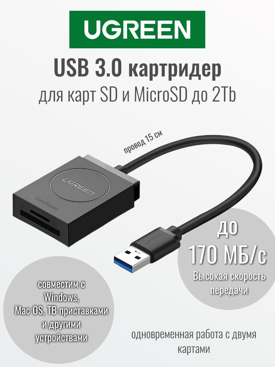 Кардридер UGREEN CR127 (20250) USB 3.0 Card Reader TF+SD. Цвет: черный