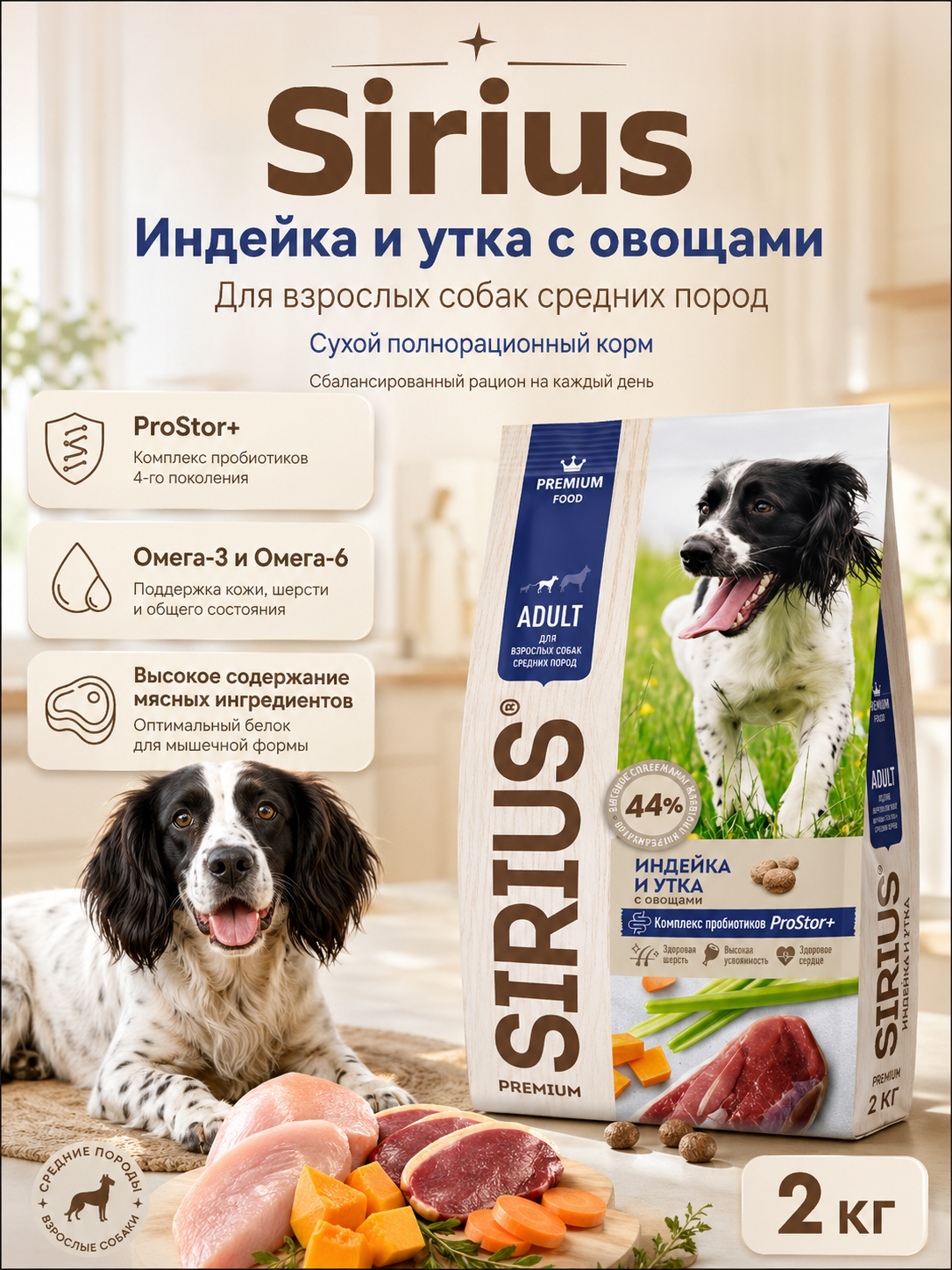 Сухой корм для собак средних пород SIRIUS , Индейка и Утка с овощами 2кг