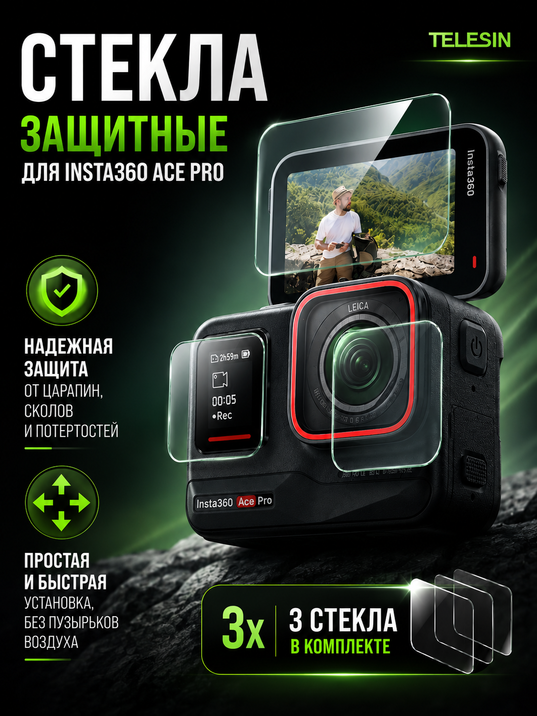 Защитное закаленное стекло Telesin для Insta360 Ace Pro, S6-FLM-02-TIS