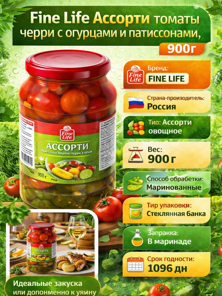 Fine Life Ассорти томаты черри с огурцами и патиссонами, 900г