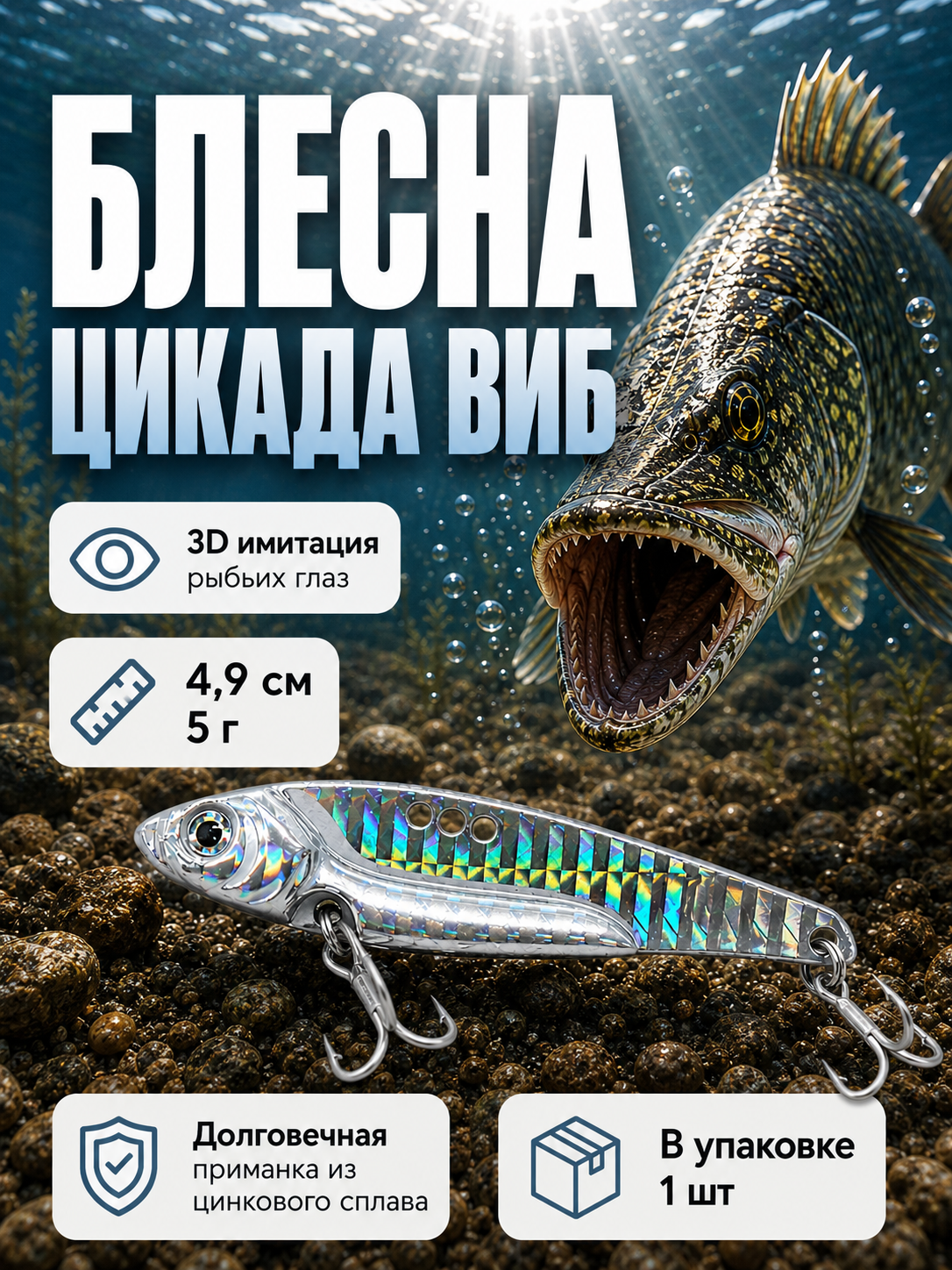 Рыболовная металлическая вибрационная виб-приманка VIB, блесна цикада, тонущая для дальнего заброса, для морской и пресноводной рыбалки 4,9 см/5 г, серебристая с лазерным рисунком