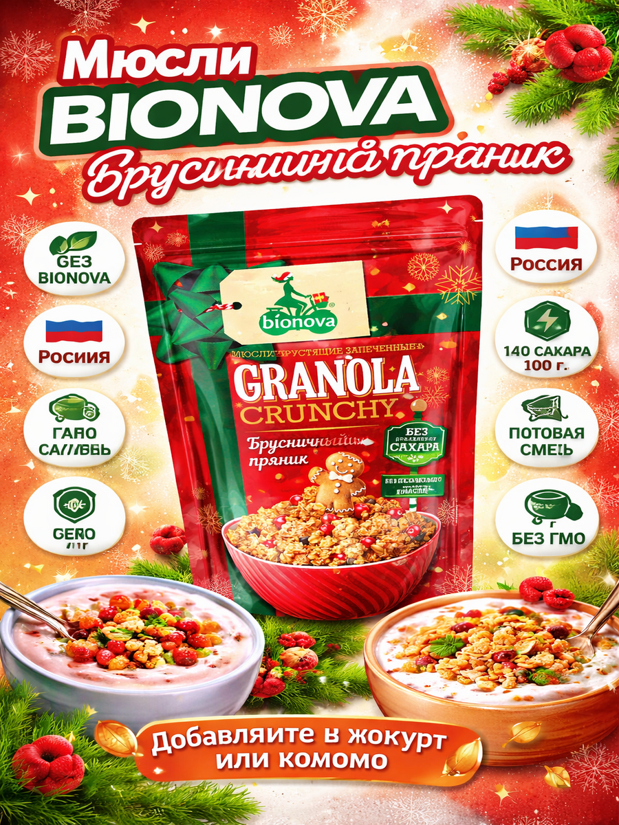 Мюсли Bionova хрустящие запеченные с брусничным пряником, 400г