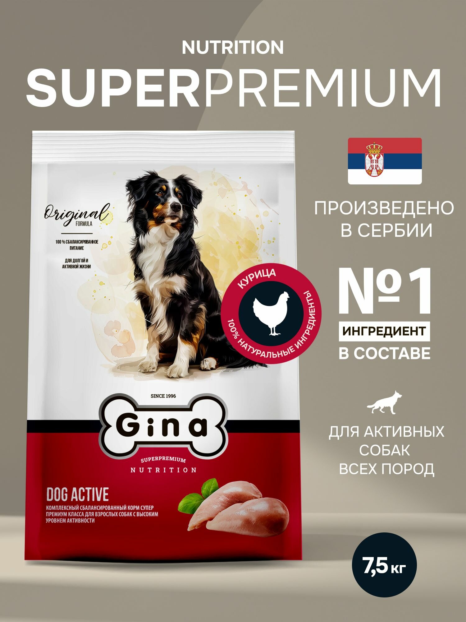 Сухой корм для собак Gina с курицей и тунцом, супер премиум, для активных и выставочных, 7,5кг, Dog Active